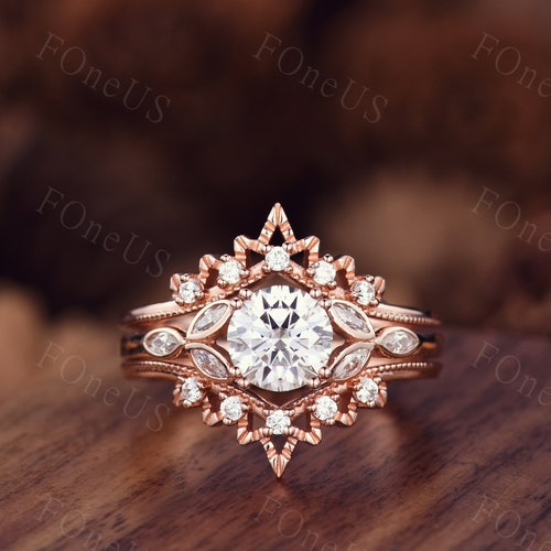 Vintage Moissanite Engagement Ring Set 1.2CT Round Cut - Etsy