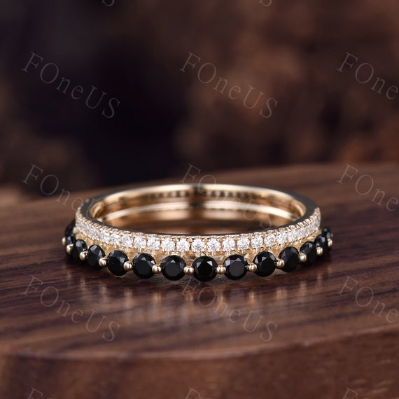 Vintage Round Cut Black Spinel Wedding Band 2mm Half Eternity Band in Solid Yellow Gold Unique Moissanite Wedding Band Bridal Promise Band Etsy