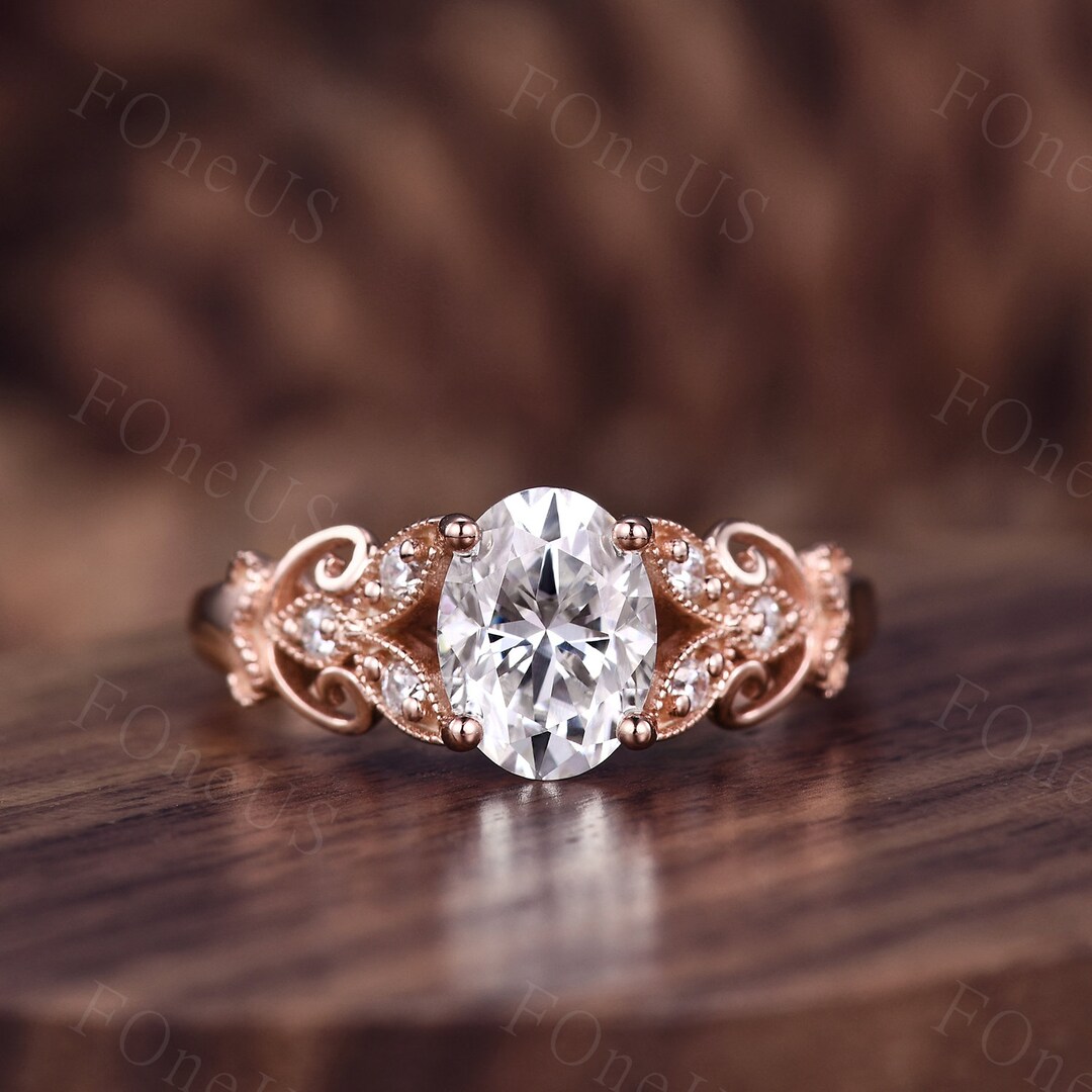 1.5CT Antique Moissanite Engagement Ring Oval Shaped Twig Engagement Ring Art Deco Moissanite ...