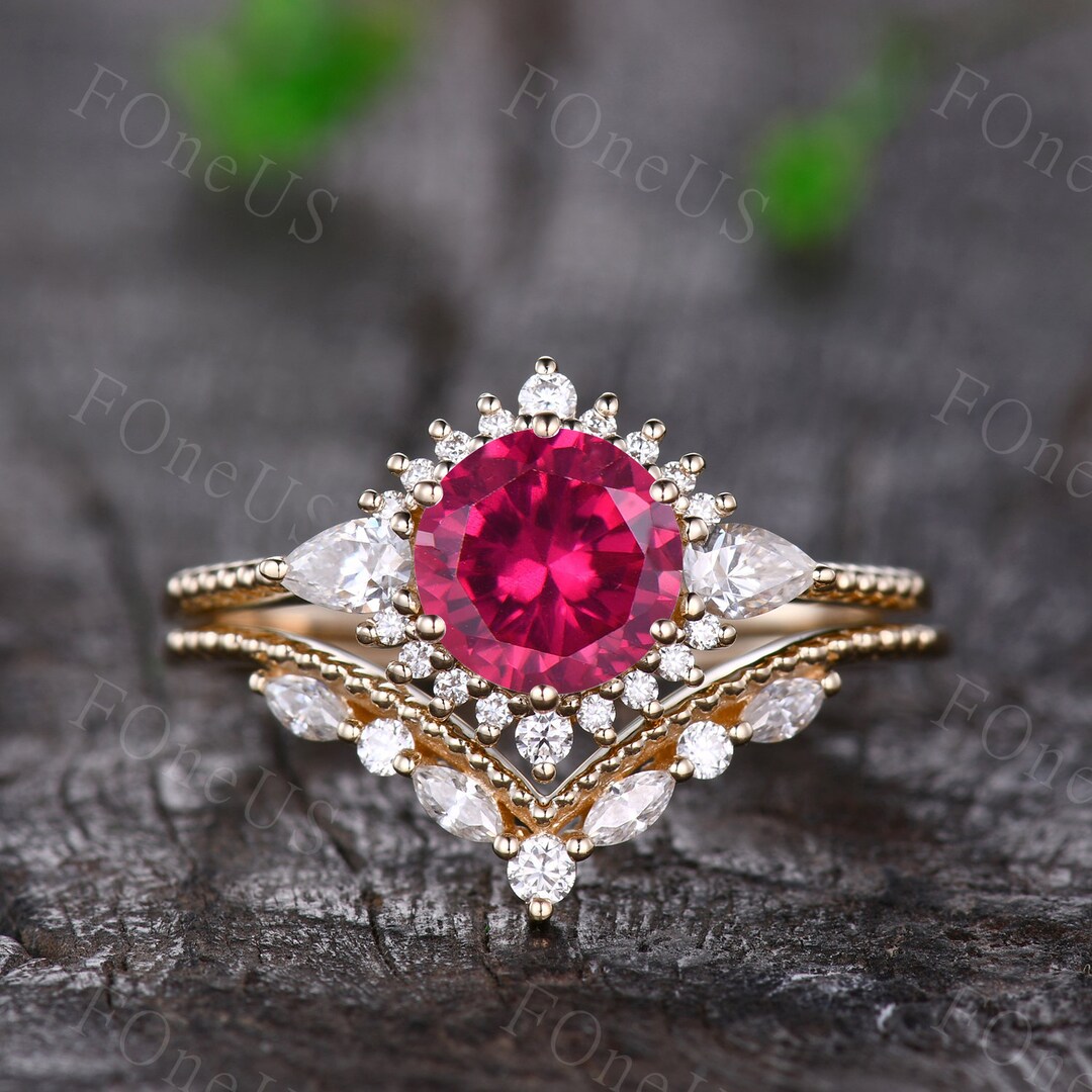 Vintage Ruby Engagement Ring Set Unique Solid Gold Engagement Ring ...