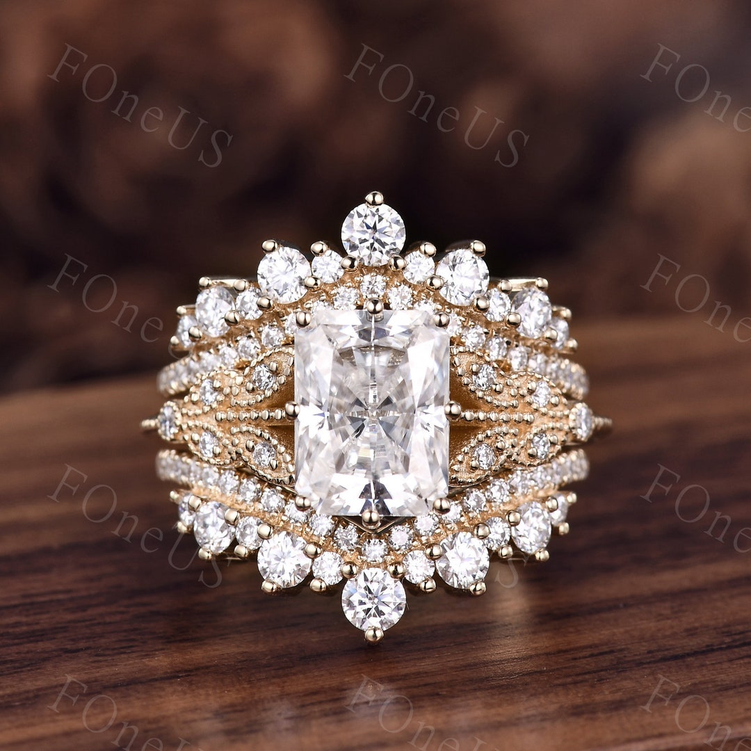 Vintage Moissanite Engagement Ring Set Women Yellow Gold Radiant Cut ...