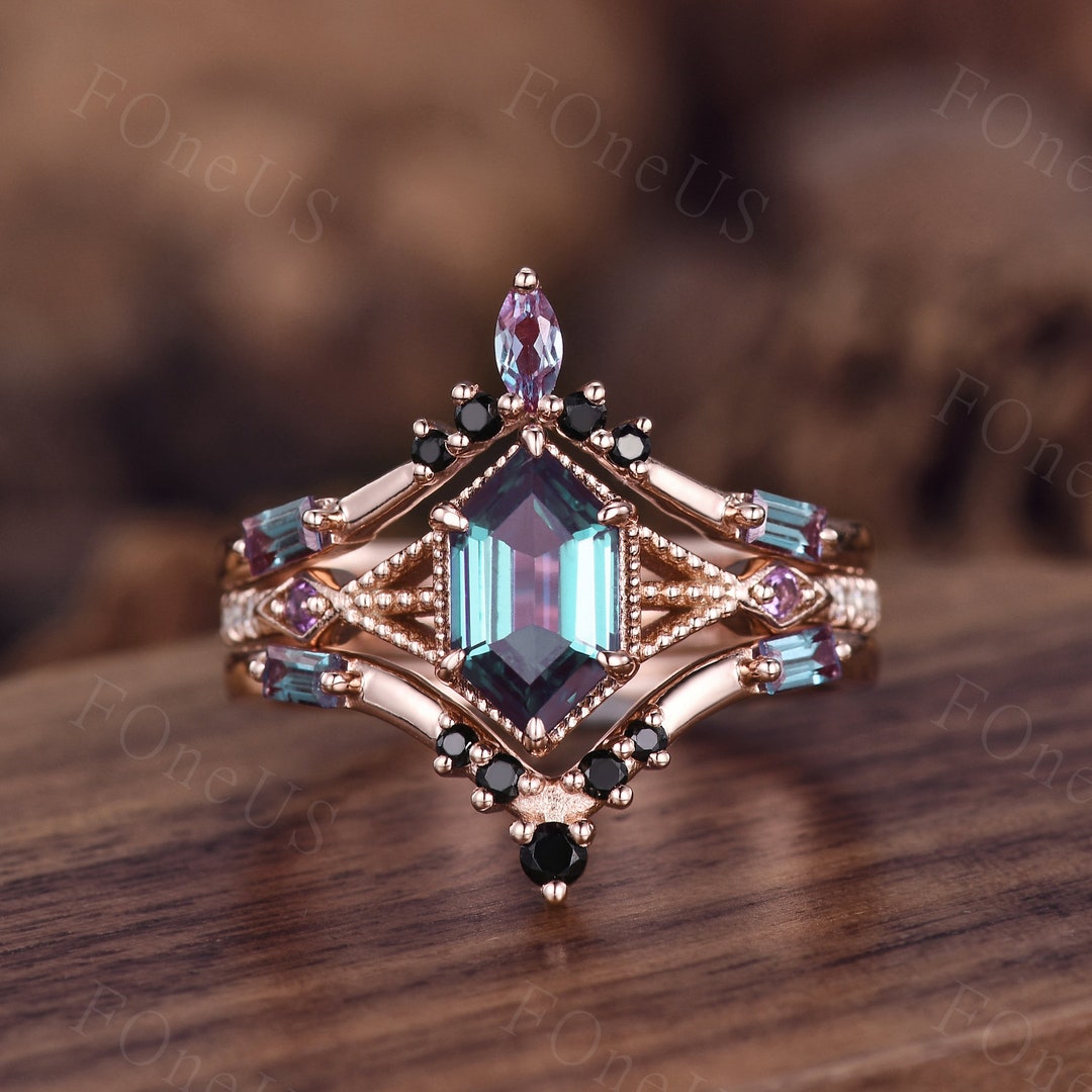Vintage Alexandrite Engagement Ring Set Unique Double Curved ...