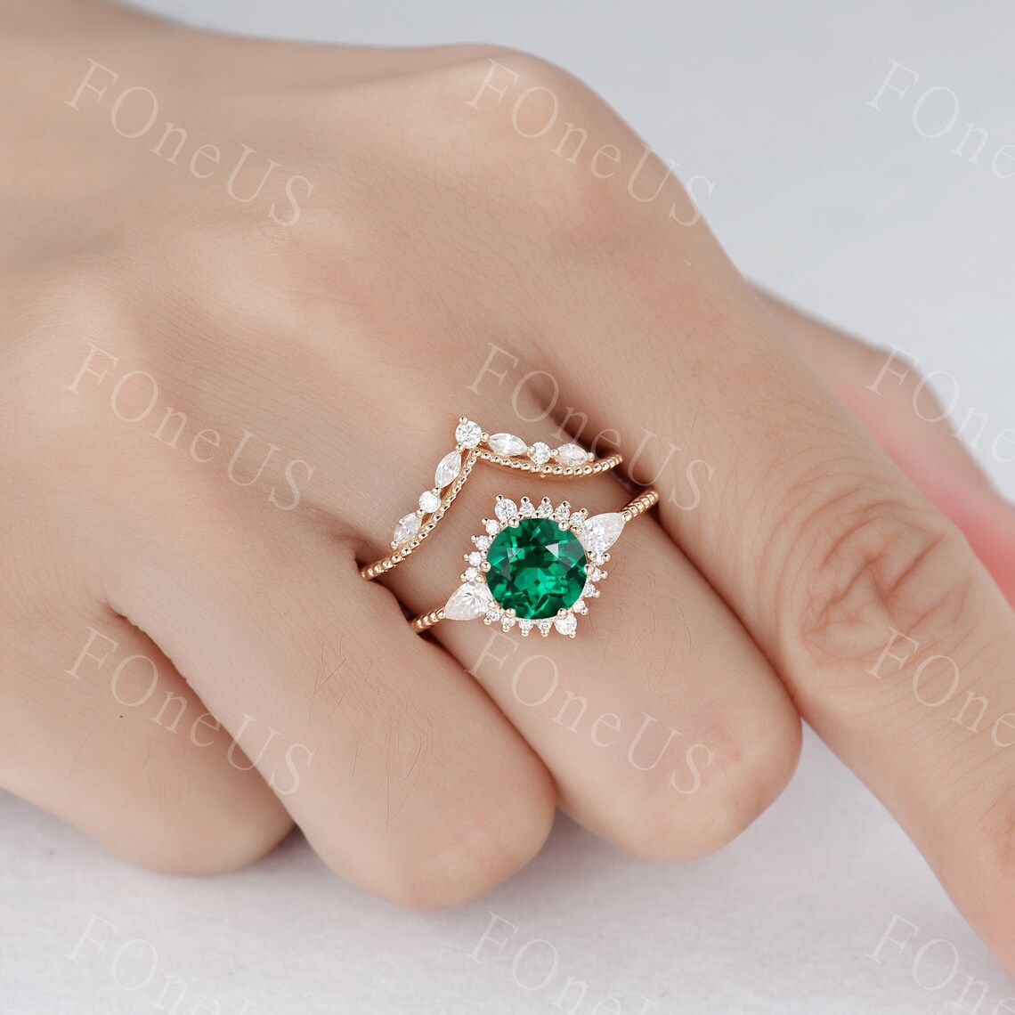 Vintage Green Emerald Engagement Ring Set Unique Solid Gold | Etsy