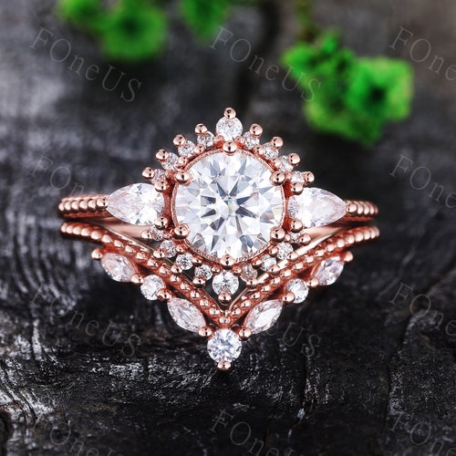 Vintage Moissanite Engagement Ring Set Unique Solid Gold - Etsy