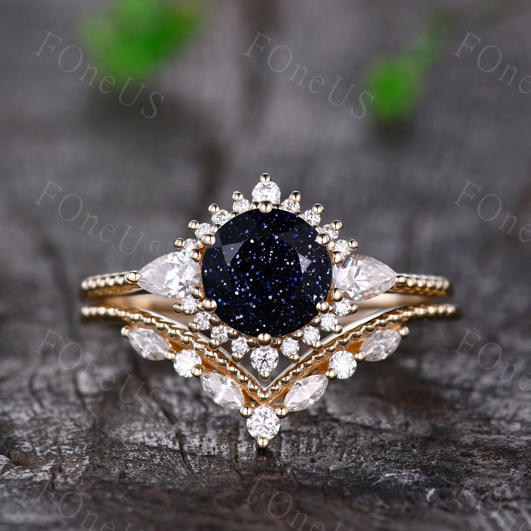 Vintage Blue Sandstone Engagement Ring Set Unique Yellow Gold ...