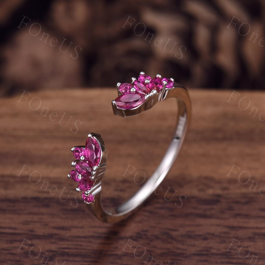 Open Gap Ruby Wedding Band Rose Gold Marquise Cut Cluster Ring Art Deco ...