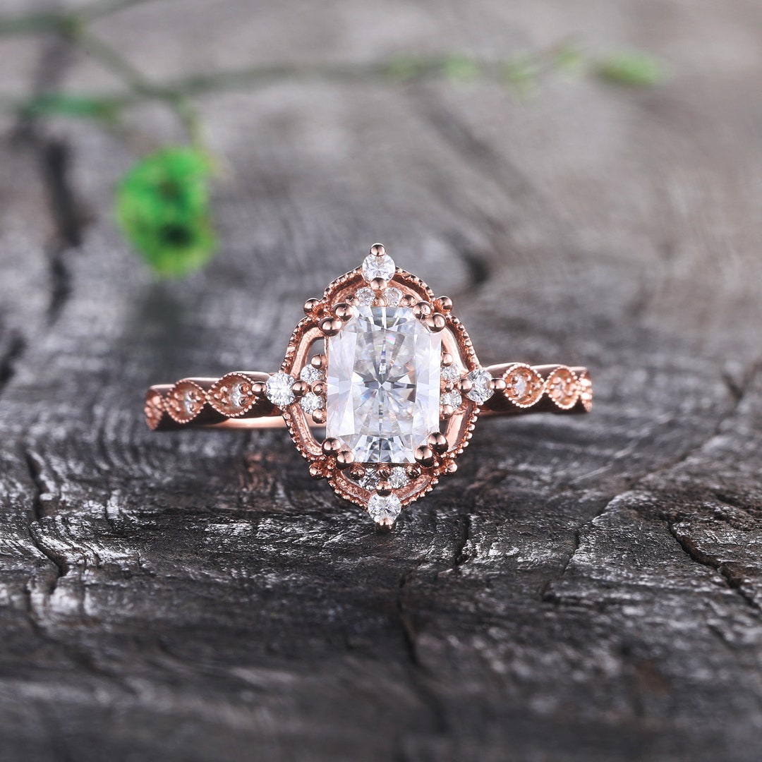 Antique Moissanite Engagement Ring, Radiant Cut Moissanite Ring, Art ...