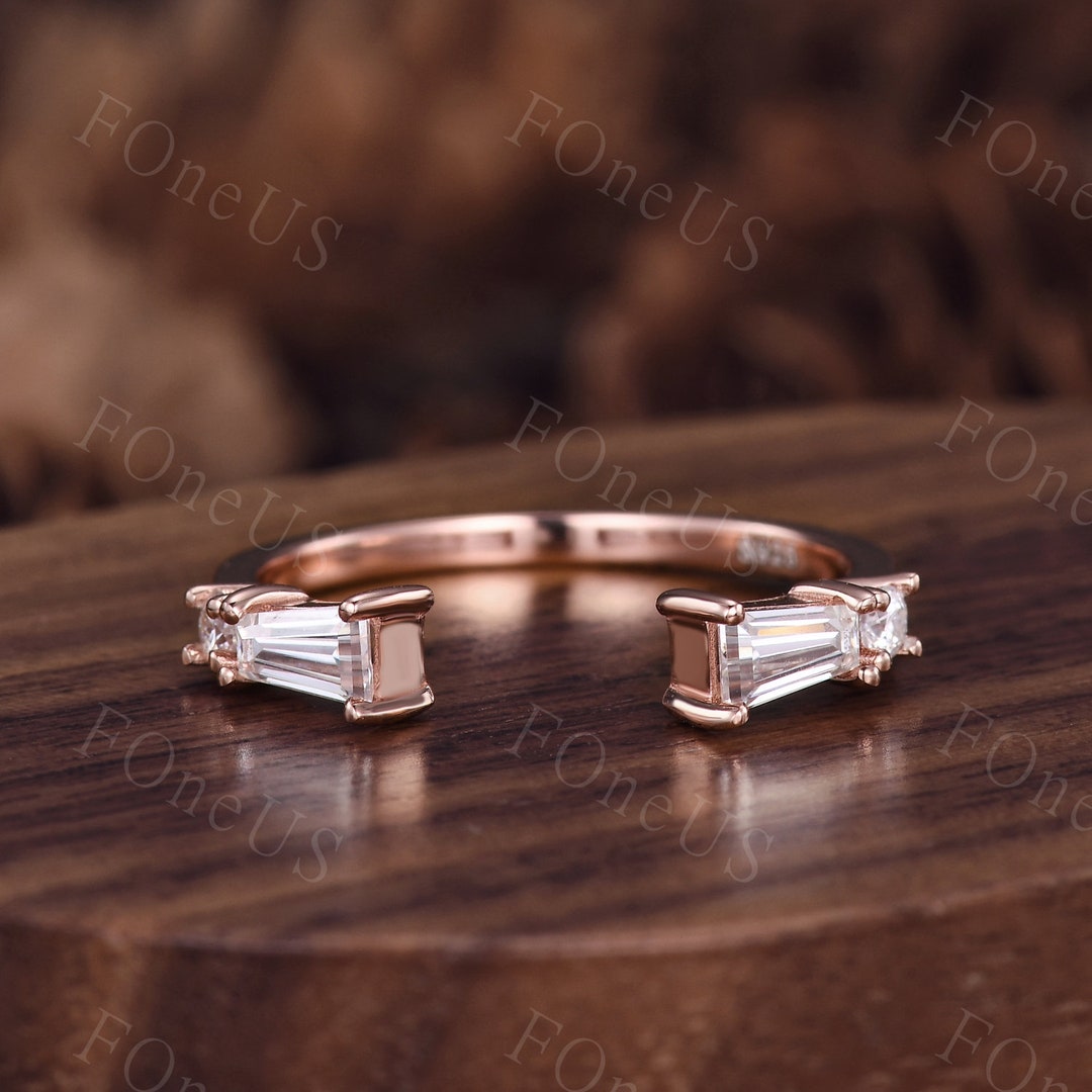 Unique Trapezoid Cut Moissanite Wedding Band Open Gap Ring Rose Gold ...