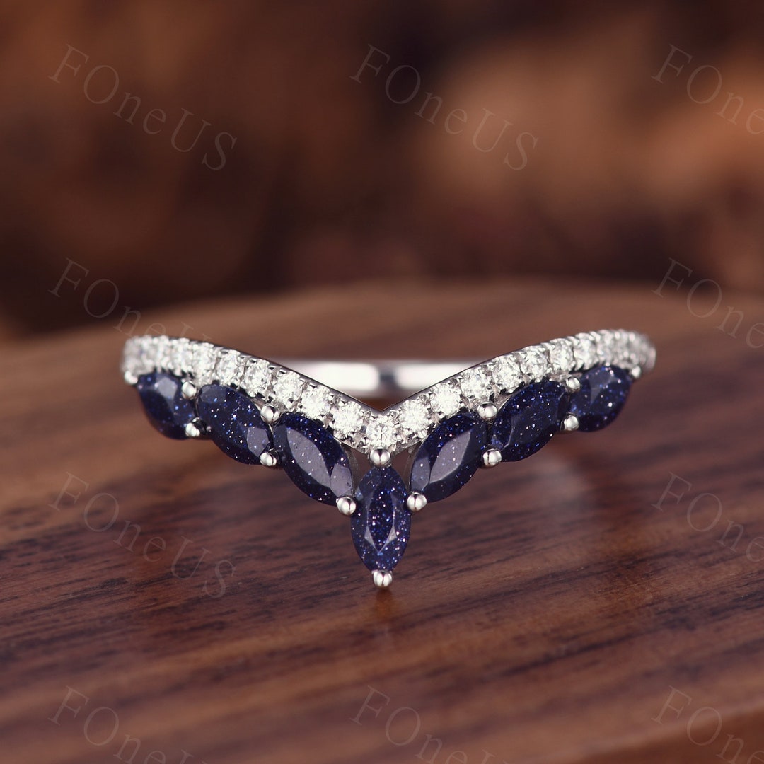 Vintage Blue Sandstone Wedding Band Unique Marquise Cut Blue Gem ...