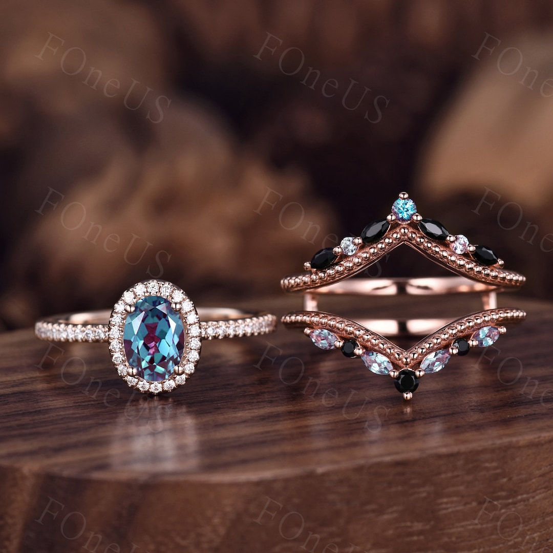 Oval Alexandrite Engagement Ring Set Rose Gold Vintage Enhancer Wedding ...
