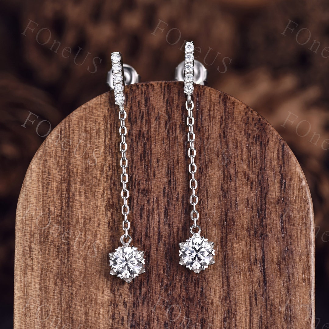 Moissanite Long Chain Earrings Round Cut Moissanite Dangle & Drop ...