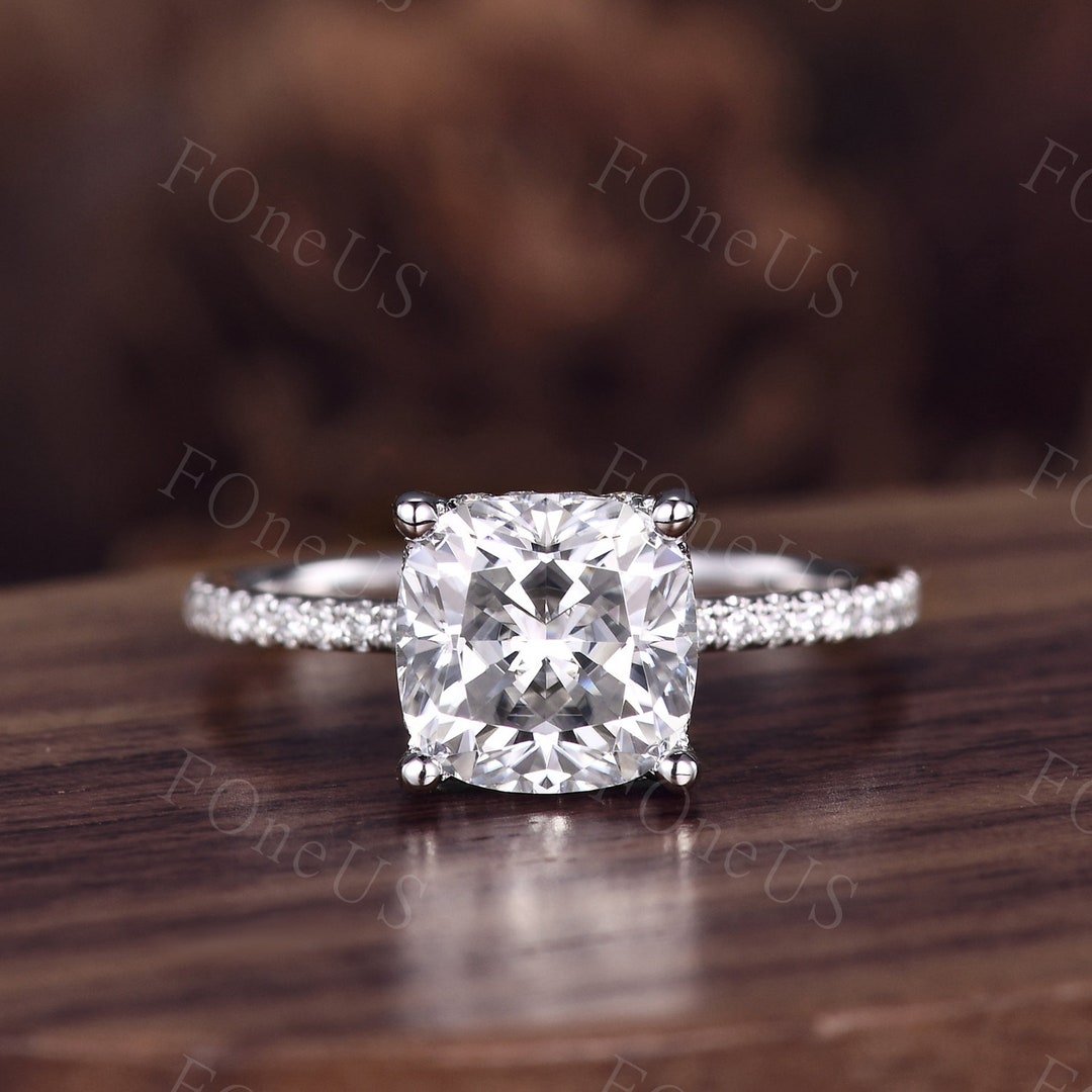 Vintage Hidden Halo 2CT Cushion Cut Moissanite Engagement Ring 14K ...