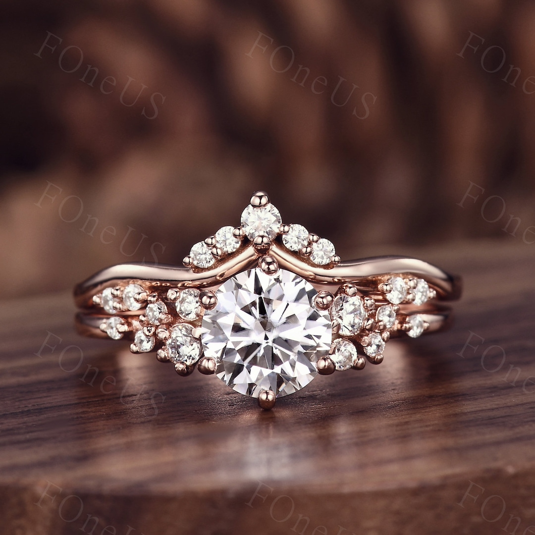 Round Cut Moissanite Engagement Ring Set Vintage Cluster Engagement ...