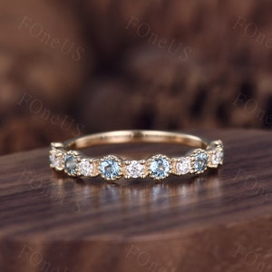 Antique Moissanite Blue Topaz Band 14k Solid Gold Half Eternity Wedding ...