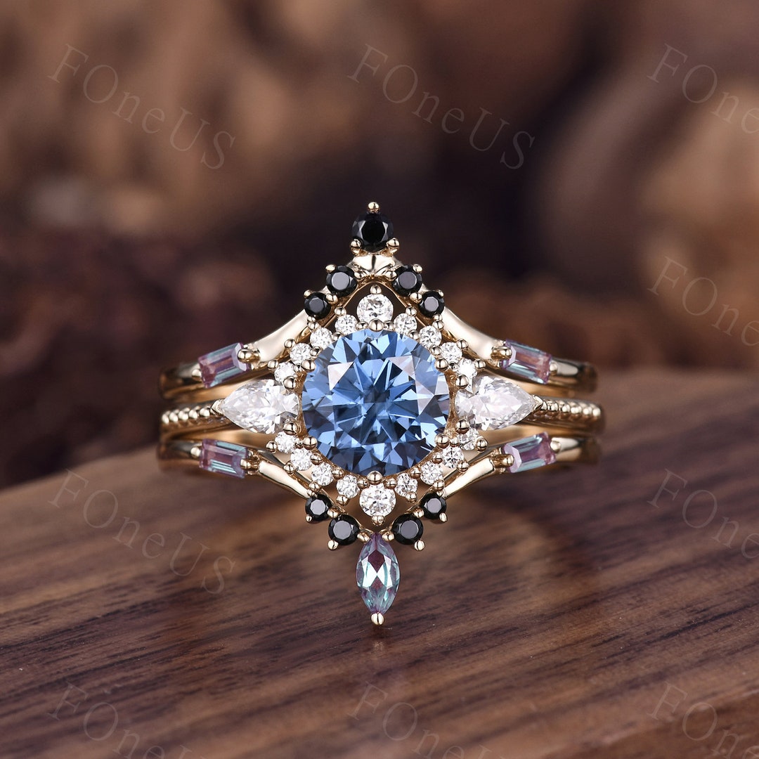 Antique Blue Moissanite Engagement Ring Set Unique Solid Gold Cluster ...