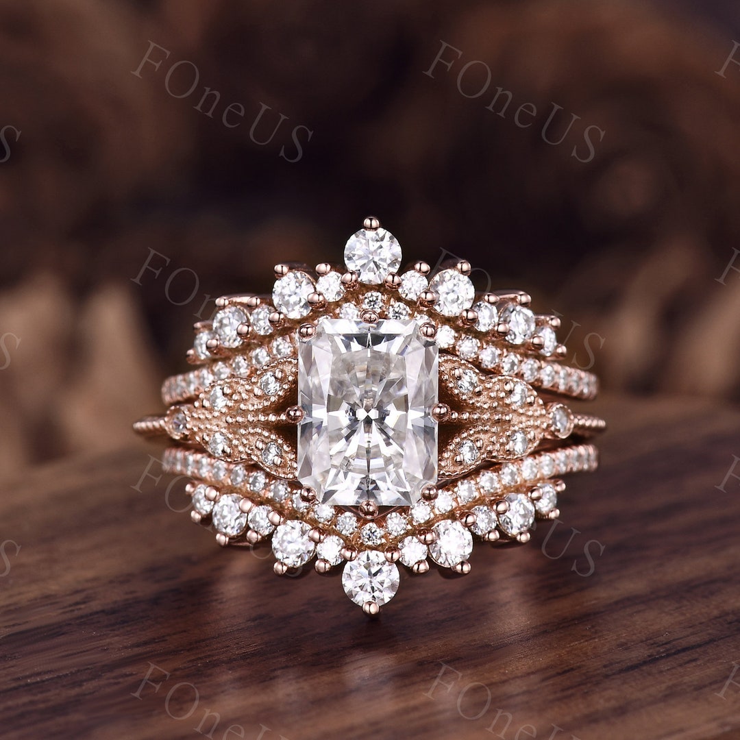 Vintage Moissanite Engagement Ring Set Women Rose Gold Radiant Cut ...