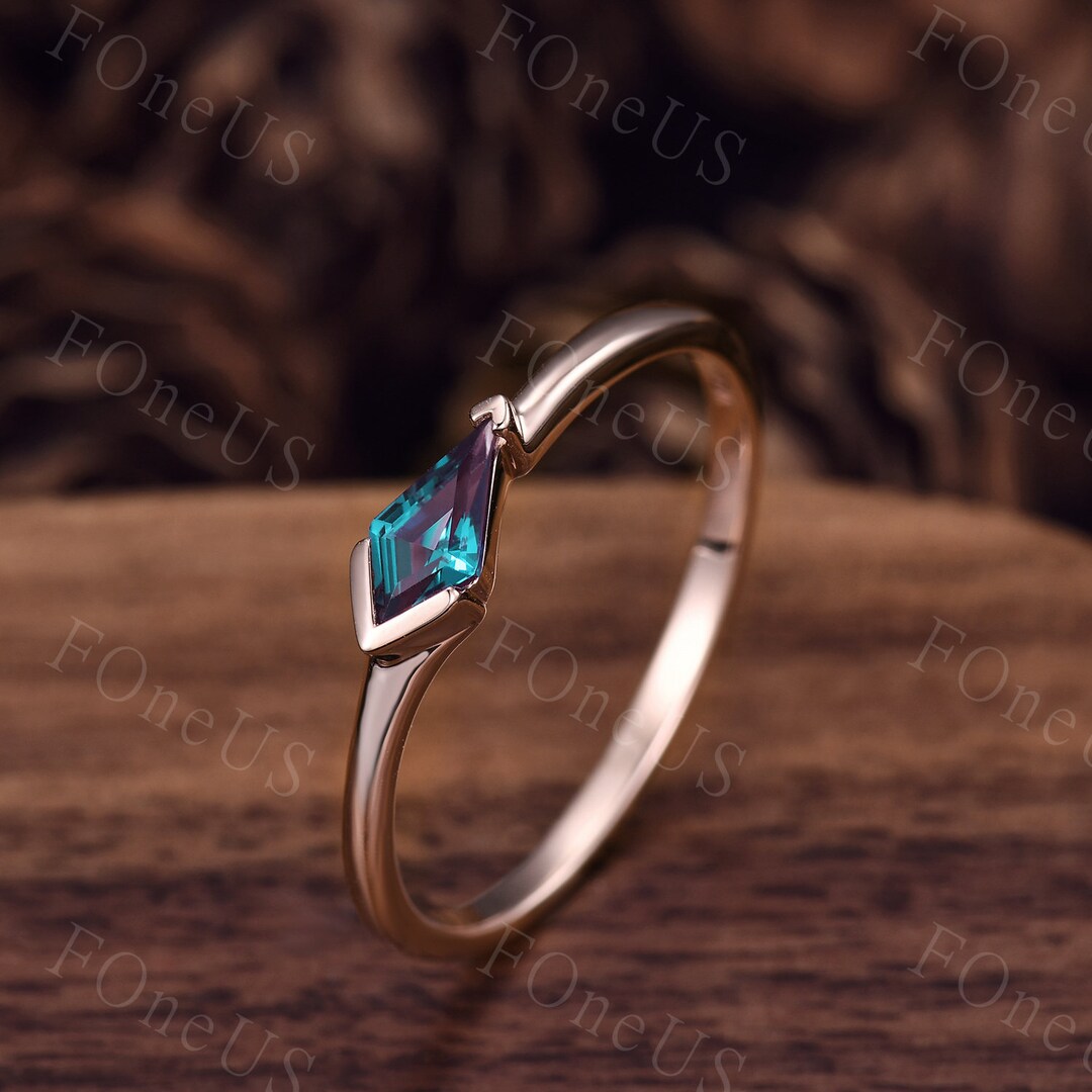 Kite Cut Alexandrite Wedding Band Women Rose Gold Unique Half Bezel Set ...