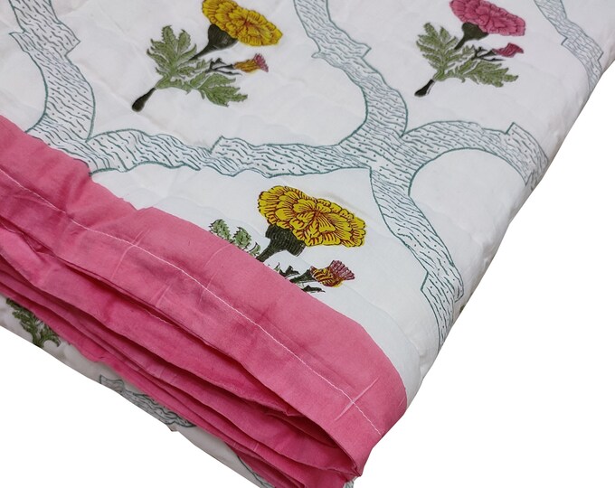 Indian Pink Block Print Quilt Hand Made Quilt Jaipuri Quilt - Etsy
