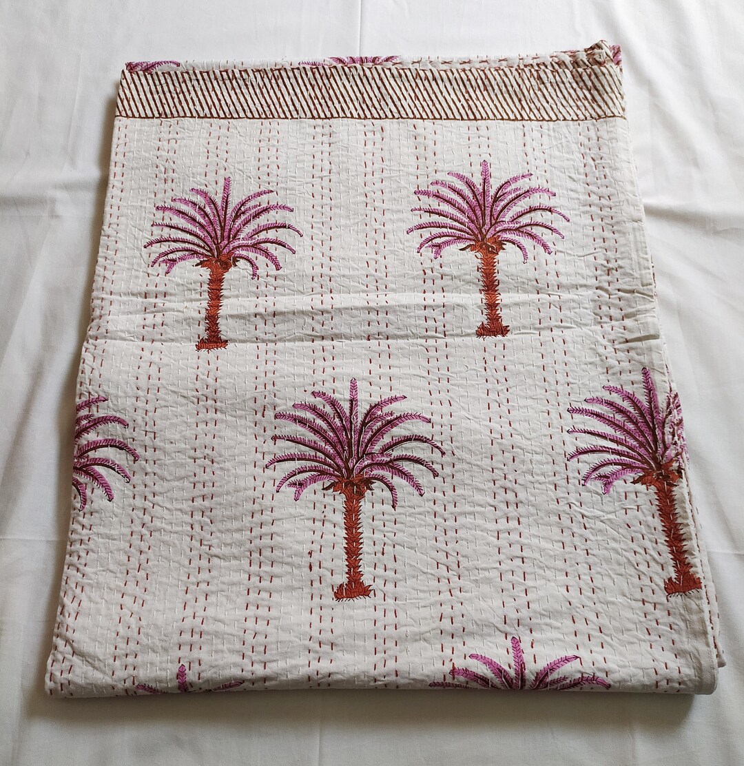 Hand-stitched Kantha Quilt: Palm Tree Block Print Cotton Blanket - Etsy