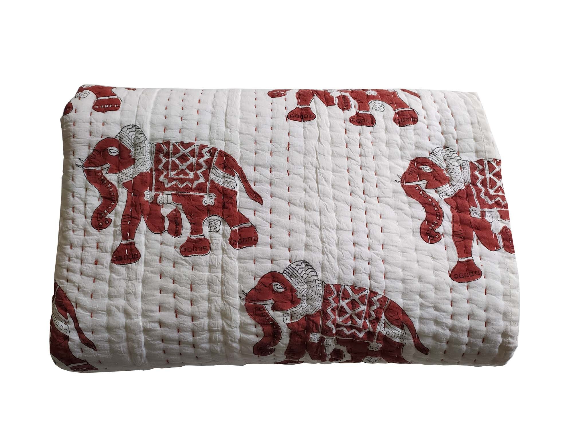 Boho King Quilt, Red Elephant Print Bedding, Hand Block Printed Rajai ...