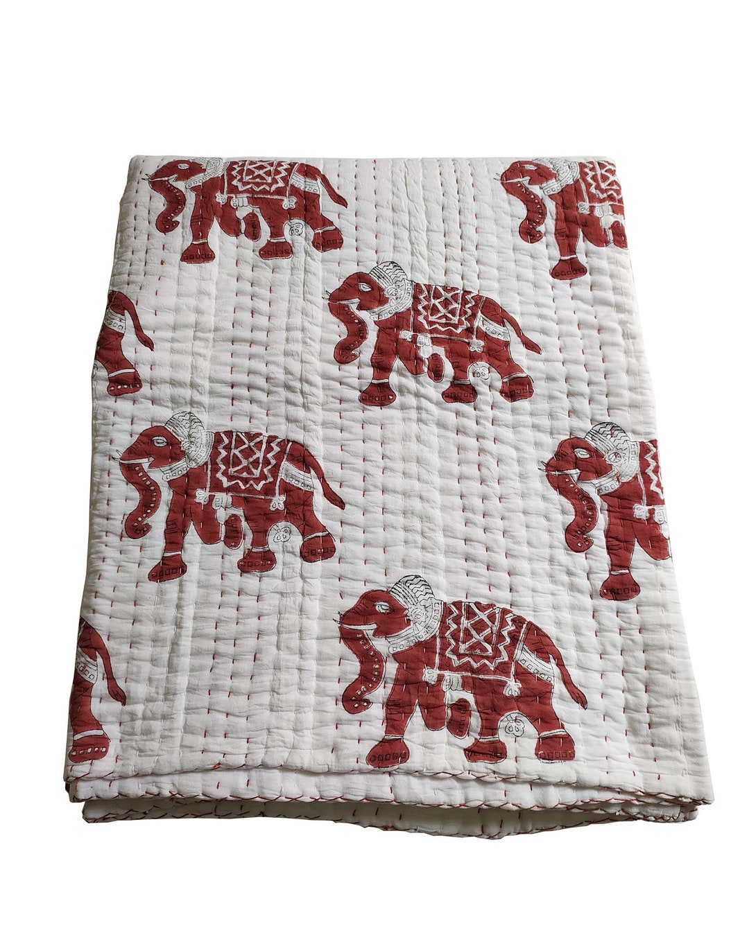 Boho King Quilt, Red Elephant Print Bedding, Hand Block Printed Rajai ...
