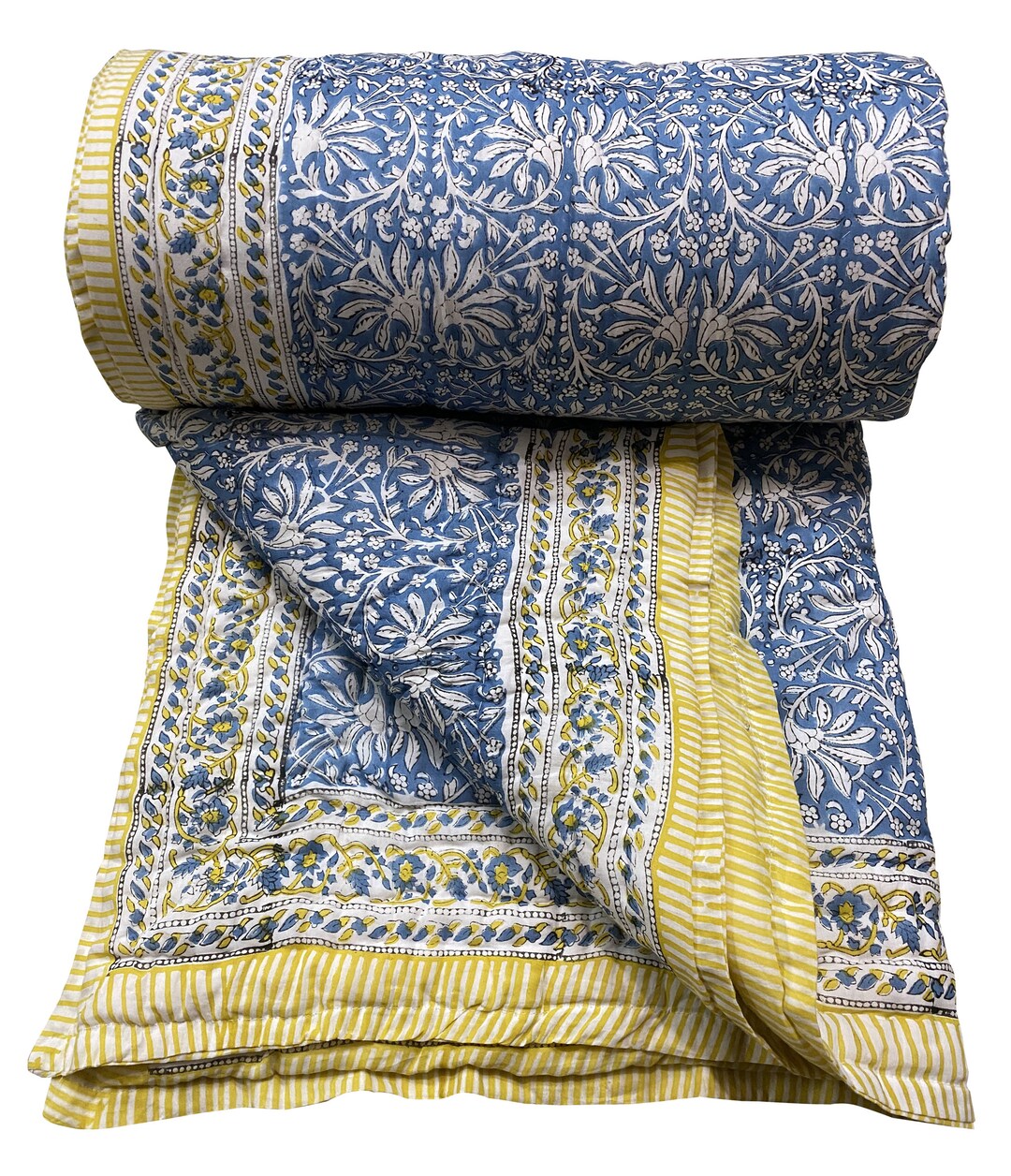 Floral Block Print Cotton Quilt, Handmade Kantha Blanket - Etsy