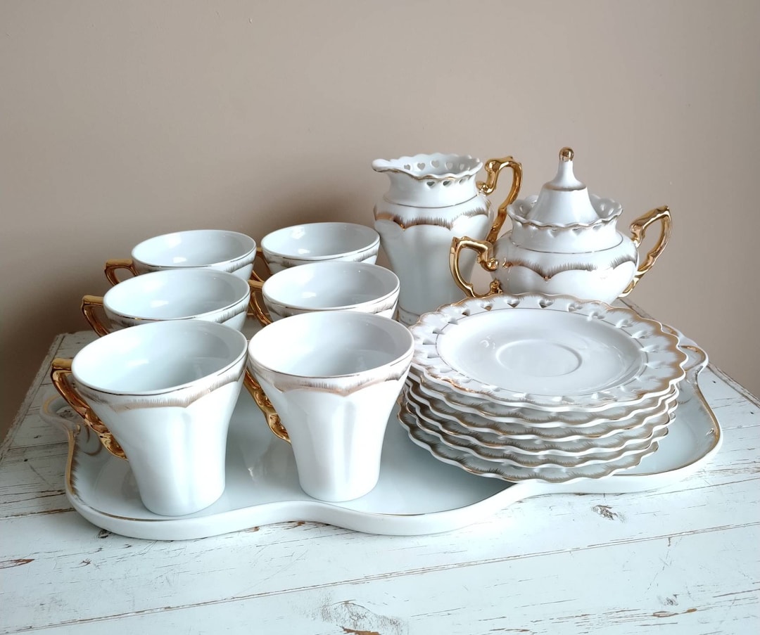 L'image Fine Porcelain Gold & White Tea Set Pierced Hearts 15 Piece Tea ...