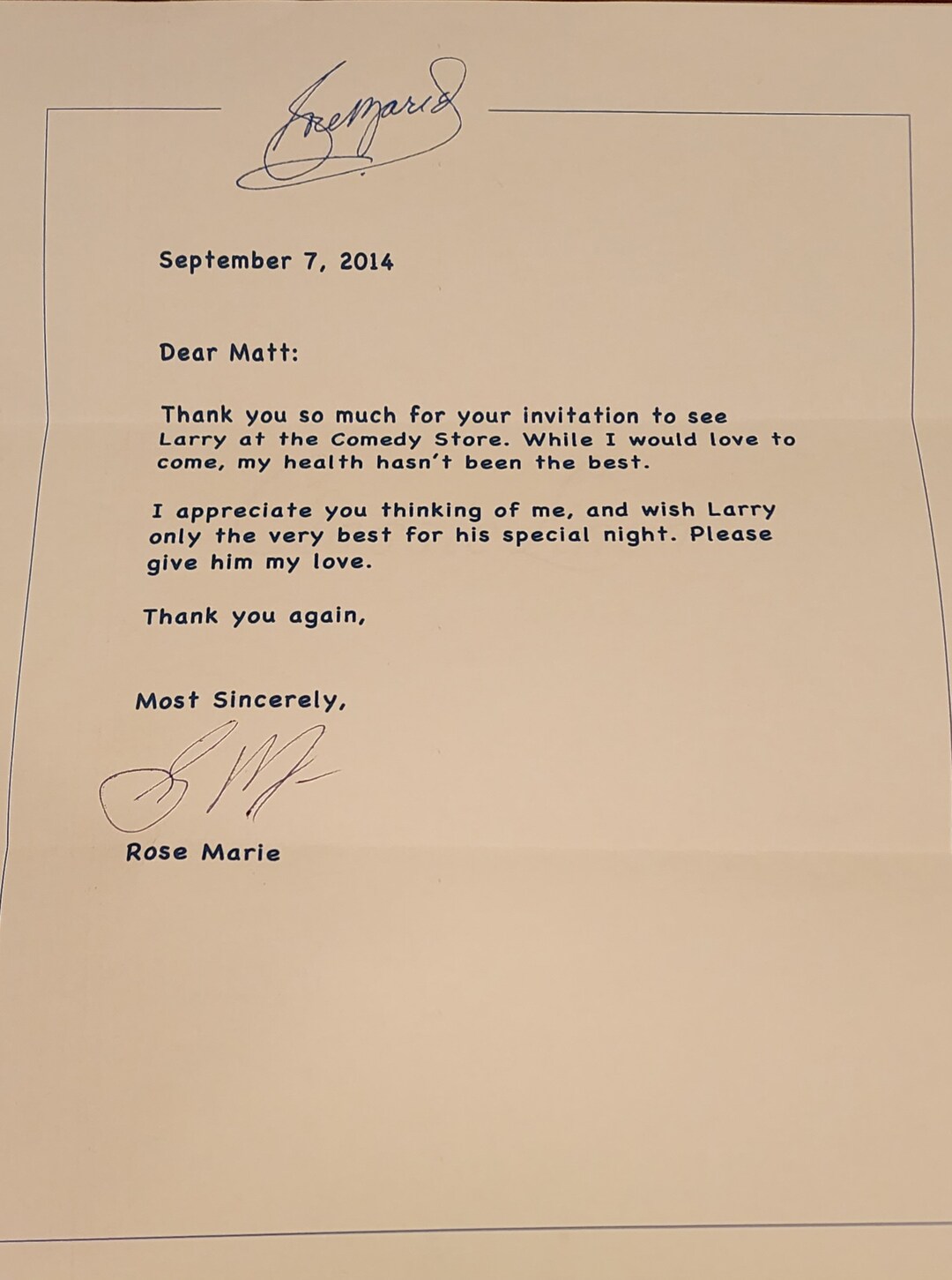 Rosemarie Signed Letter Comedy Store Show - Etsy