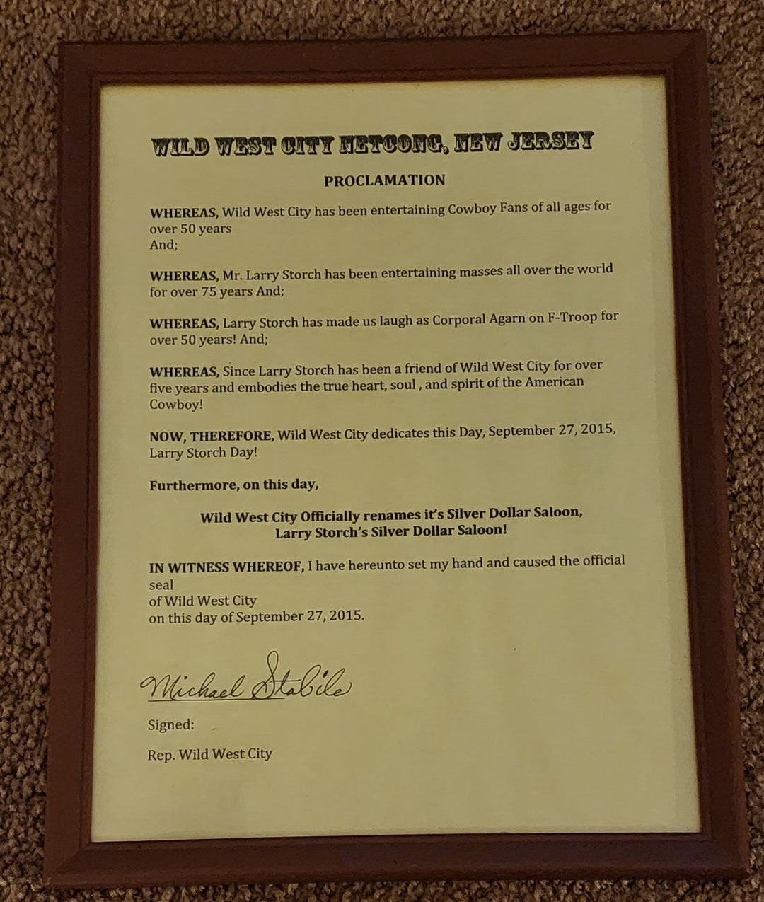 Larry Storch Estate Wild West City Framed Proclamation - Etsy