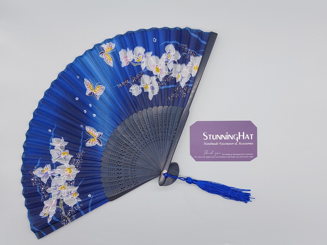 Beautiful Blue Flower and Butterfly Hand Fan With Bamboo Folding ...