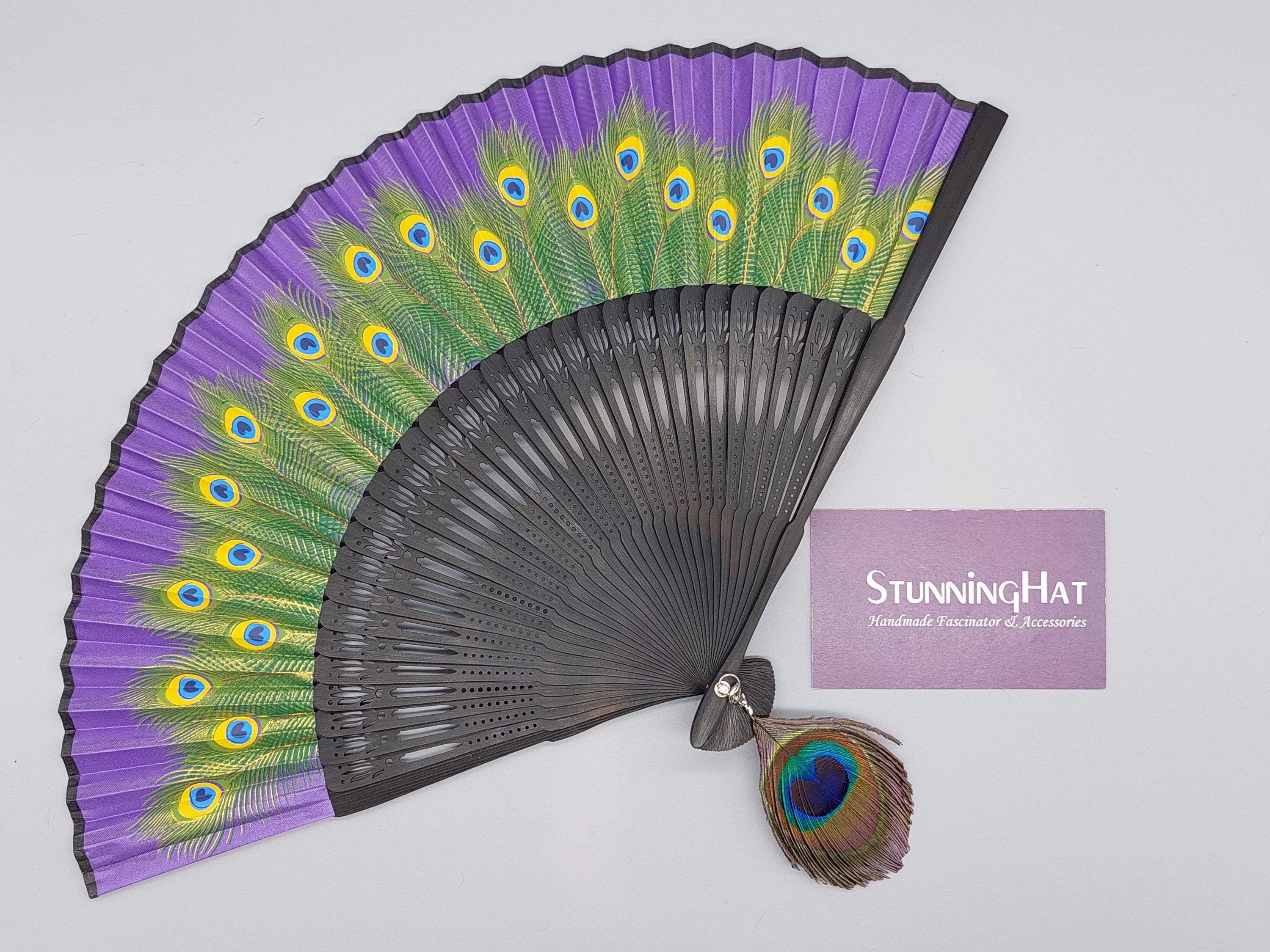 Purple With Peacock Feather Hand Bamboo Fan //folding Fan, Tea Party ...
