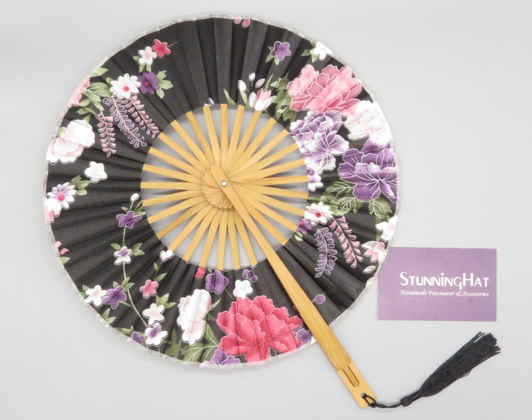 Black Round Silk Hand Fan With Pink Flower //folding Fan, Tea Party ...