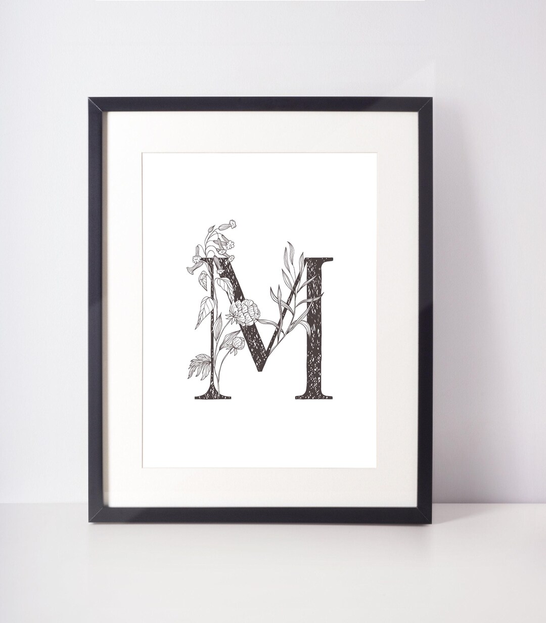 Letter M | Initial Floral Flower Letter | UNFRAMED PRINT | Monogram ...