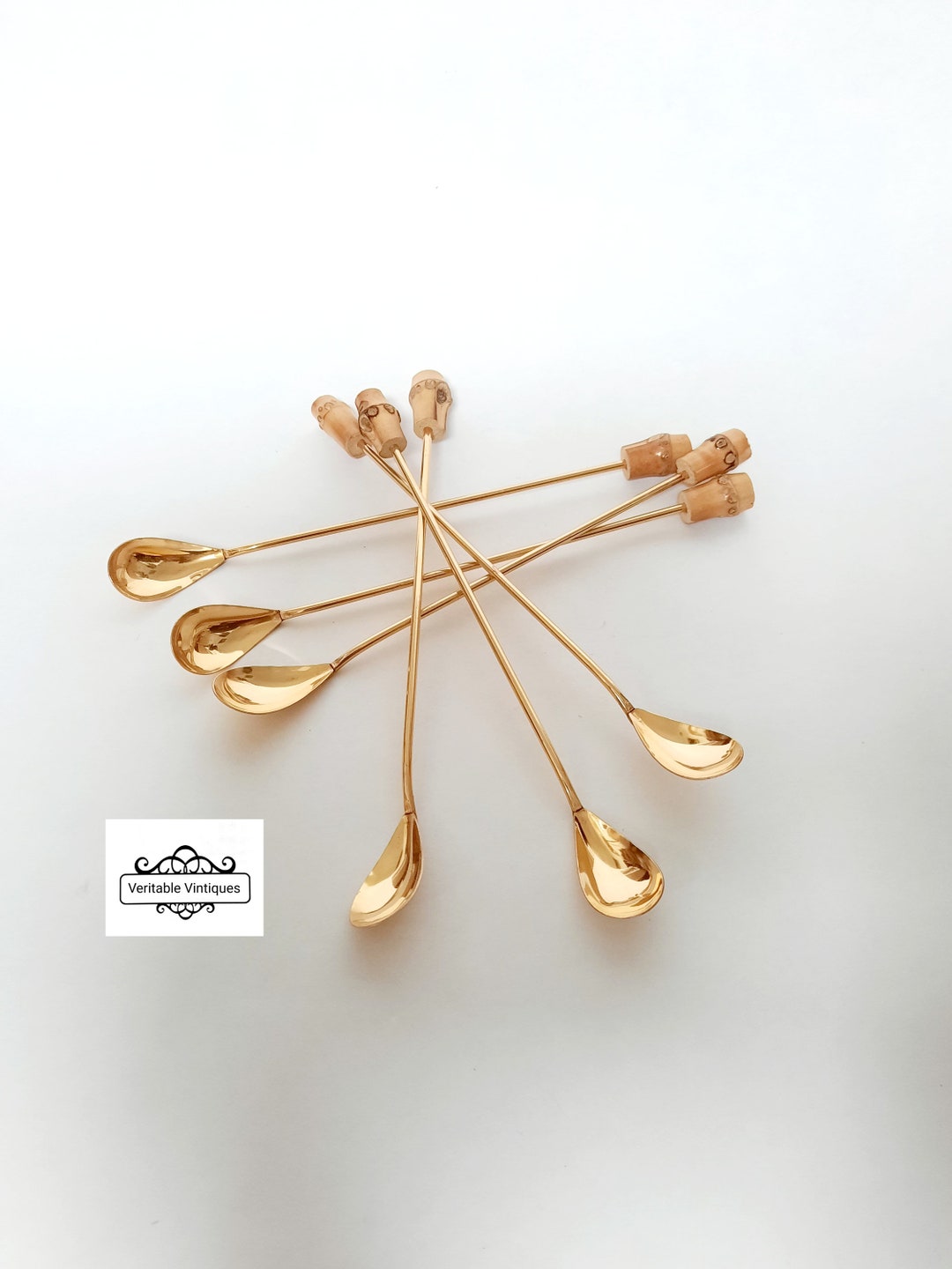 6 Vintage French Bamboo Handle Gold Cocktail Spoons, Long Stem ...