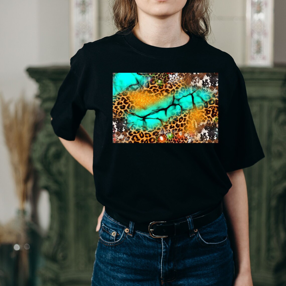 Cowhide Leopard Turquoise Glitter Background PNG Sublimation Design ...