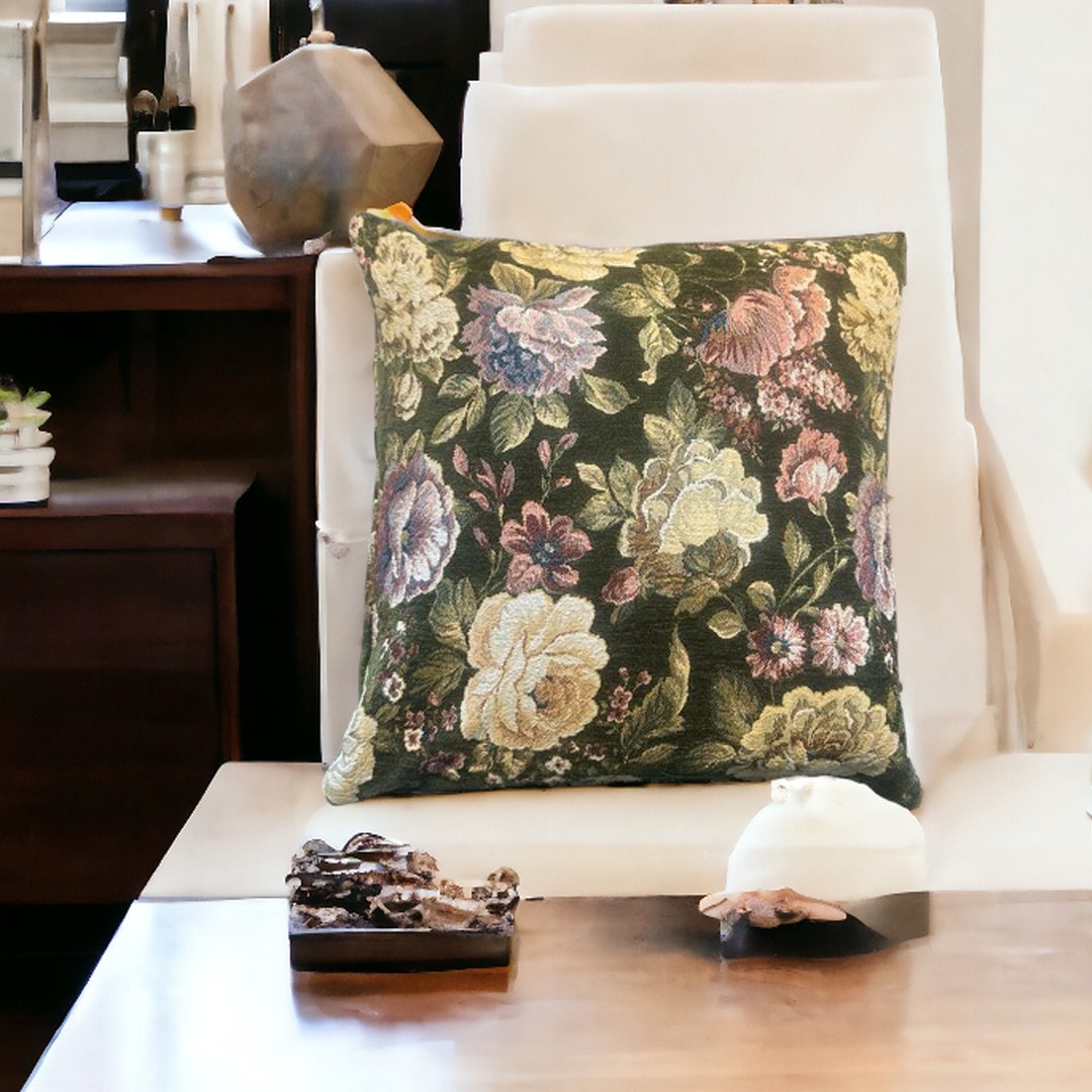 Green Woven Vintage Pillow Case, Floral Tapestry Cushion Cover, Euro ...