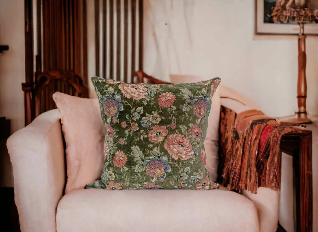 Green Woven Vintage Pillow Case, Floral Tapestry Cushion Cover, Euro ...