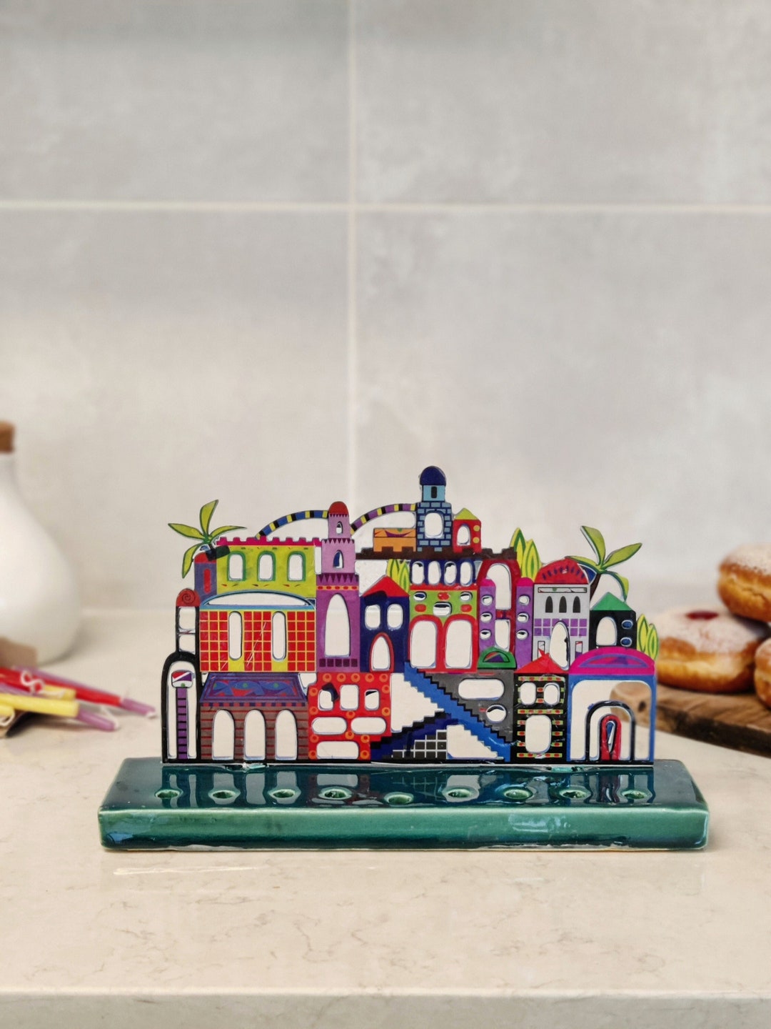 Colorful Hollow Jerusalem Design Menorah From Metal and Ceramic ...