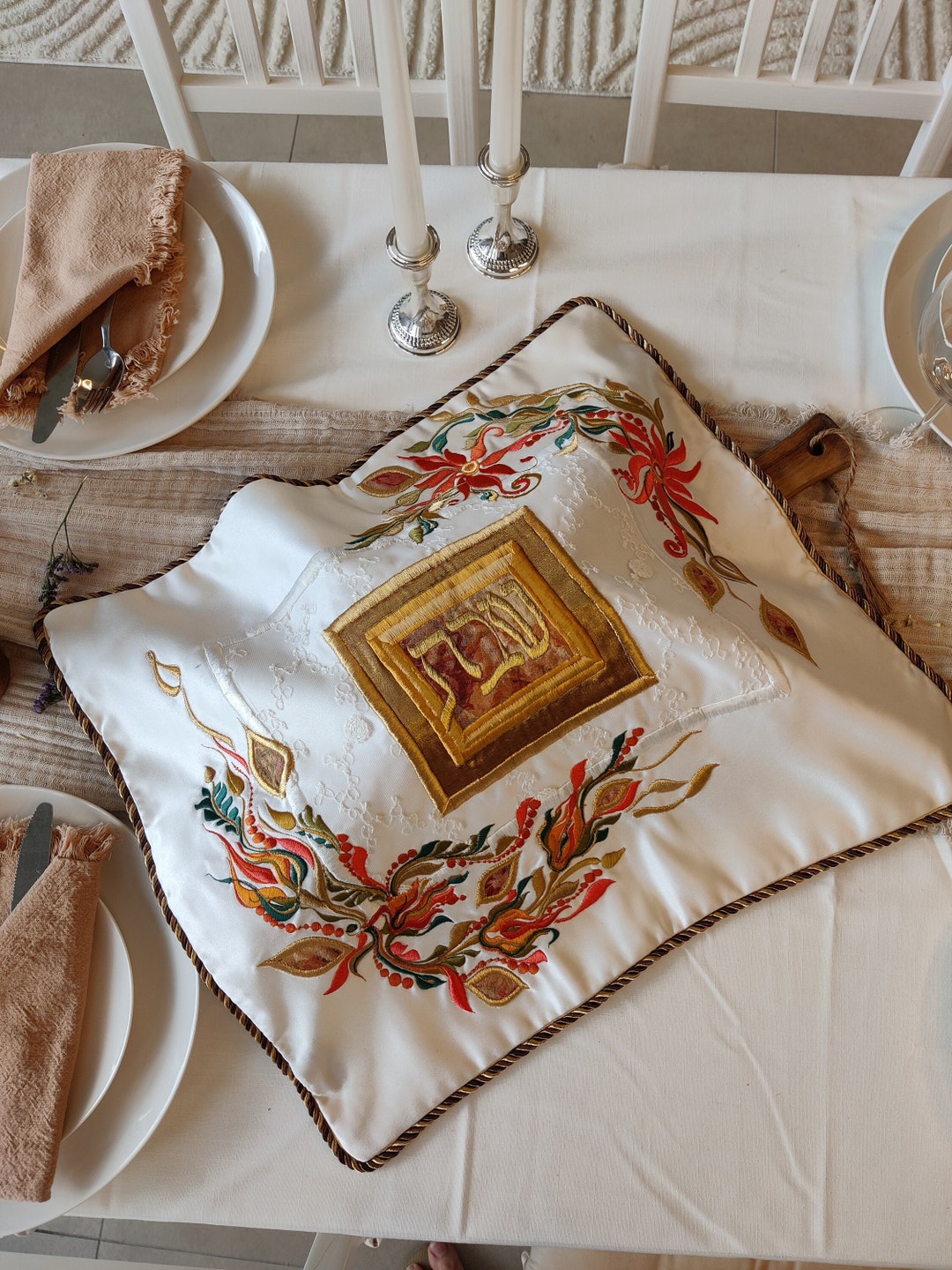 Huge Size Luxury Rainbow Floral Hand Embroidered Challah Cover ...