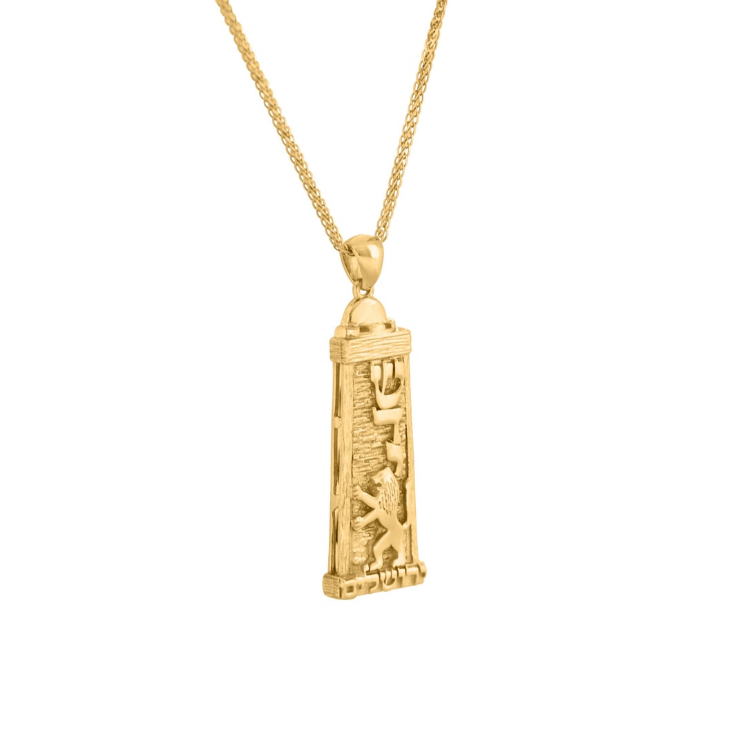 14k Gold Jerusalem Mezuzah Pendant, Gold Lion of Judah Necklace, Jewish ...