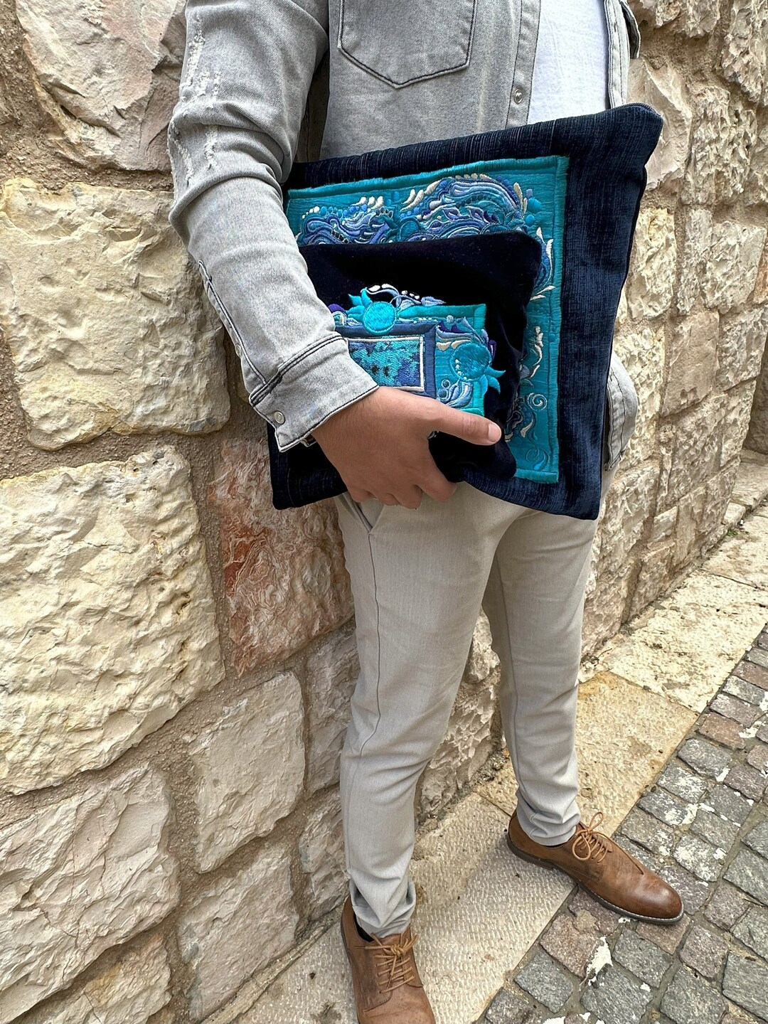 High-quality Velvet Turquoise Embroidered Tallit and Tefillin Bag Set ...