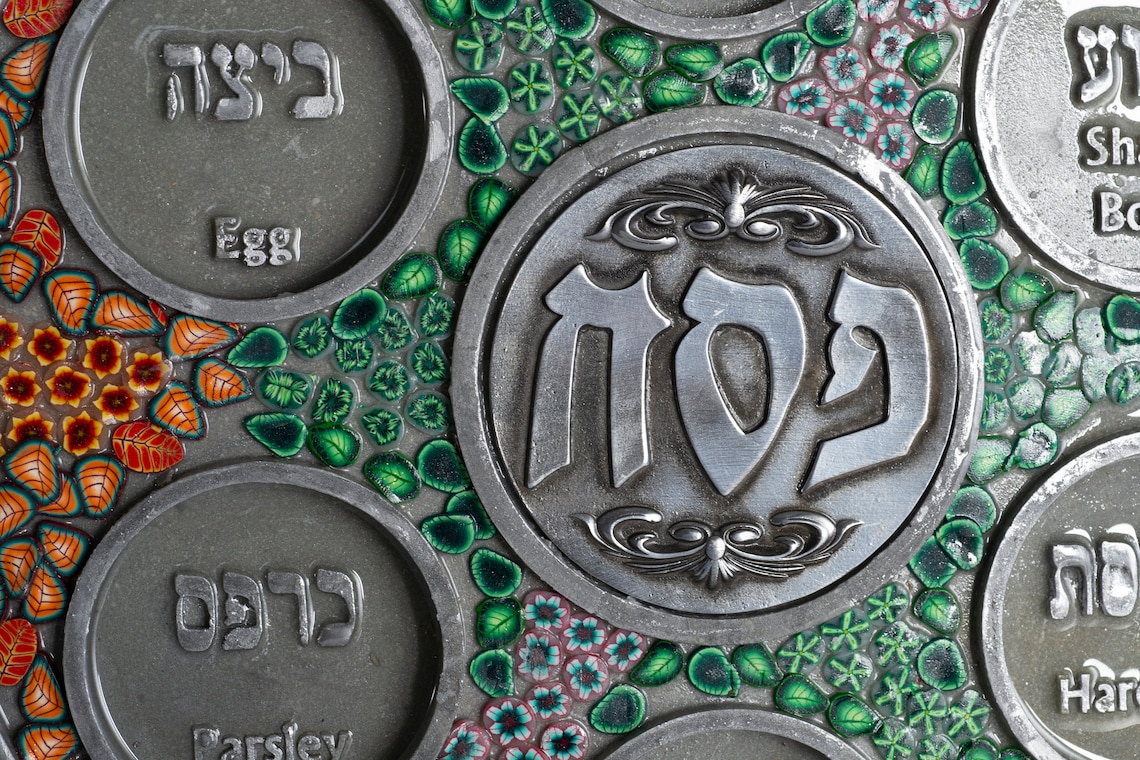 Modern Passover Seder Plate, Large Pesach Plate, Flowers Green & Orange ...