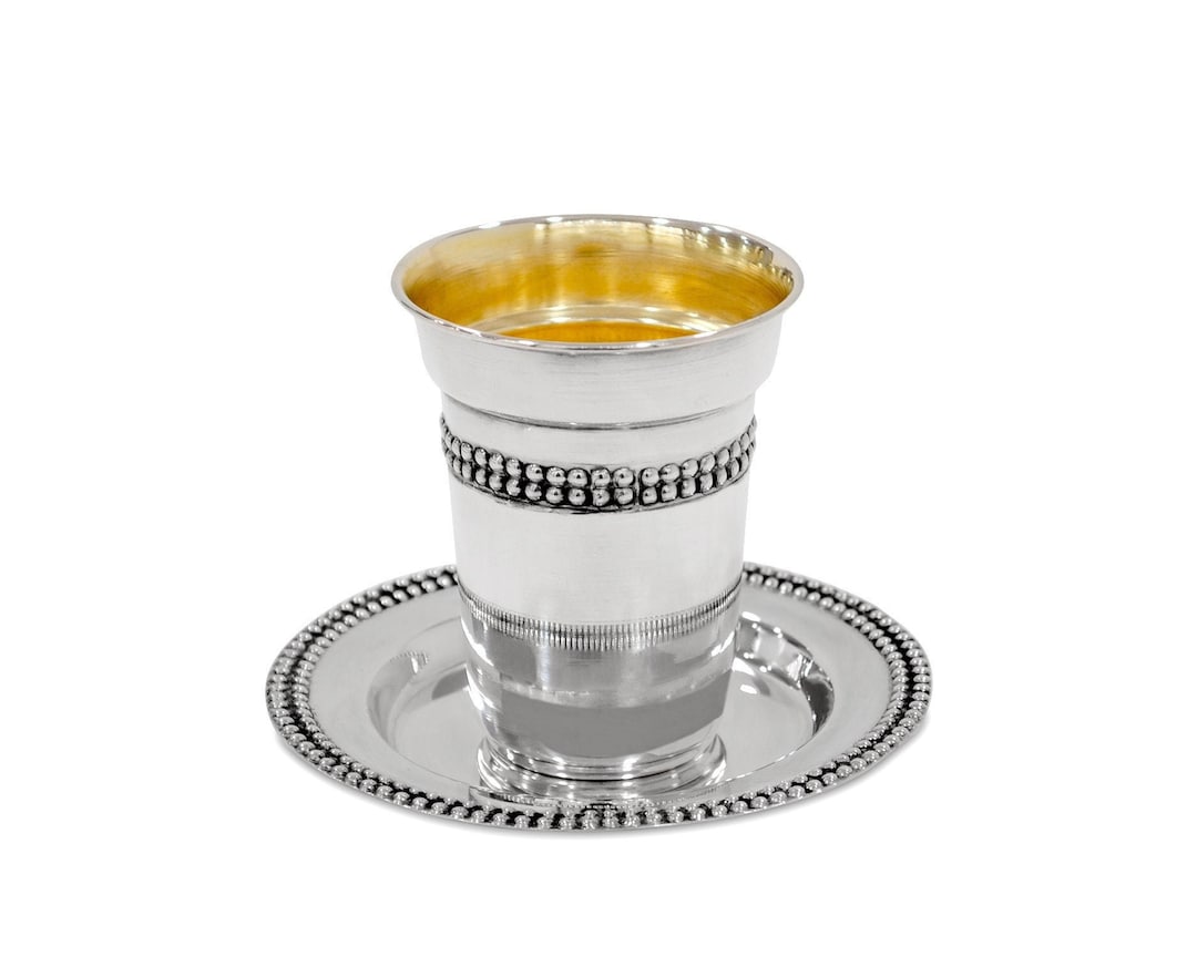 Sterling Silver Kiddush Cup and Plate Set, Beads Design Kiddush Cup ...