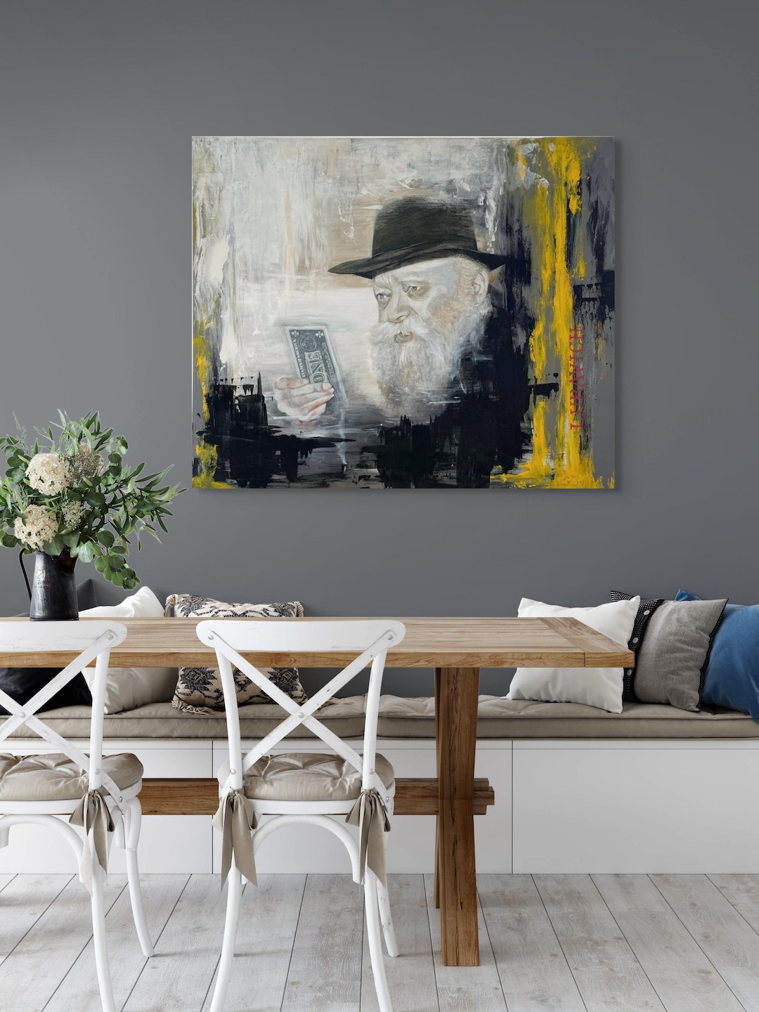 Rebbe Milovovitz Giving a Dollar, Rabbi Painting, Lubavitcher Rebbe ...