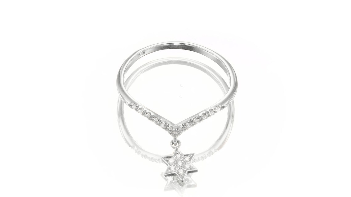 Diamonds and 14k Gold Star of David Ring V Shape Design With Star of ...