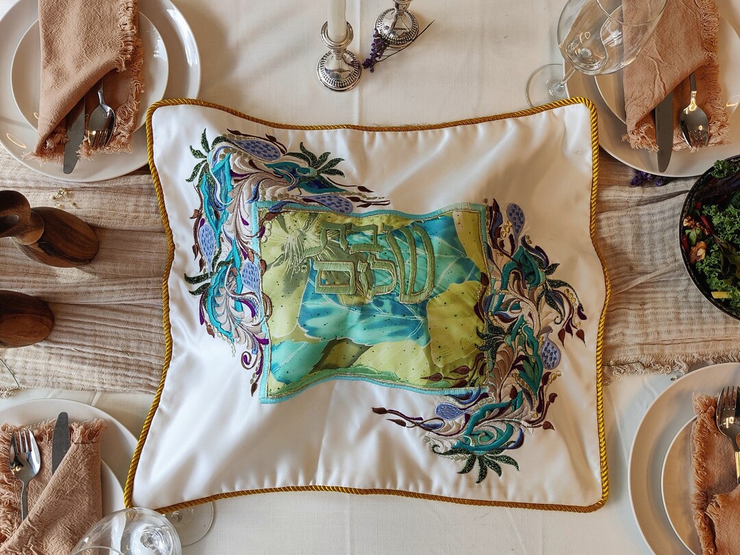 Blue and Green Velvet Hand Embroidered Challah Cover With Embroidered ...