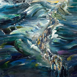 Exodus Painting, Modern Blue Splitting the Red Sea Painting, Jewish ...