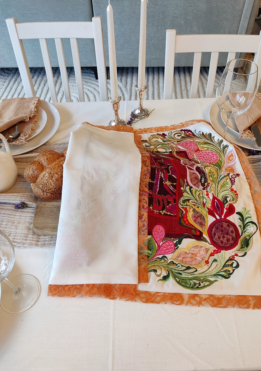 Extra Large White and Red Hand Embroidered Challah Cover With Floral ...