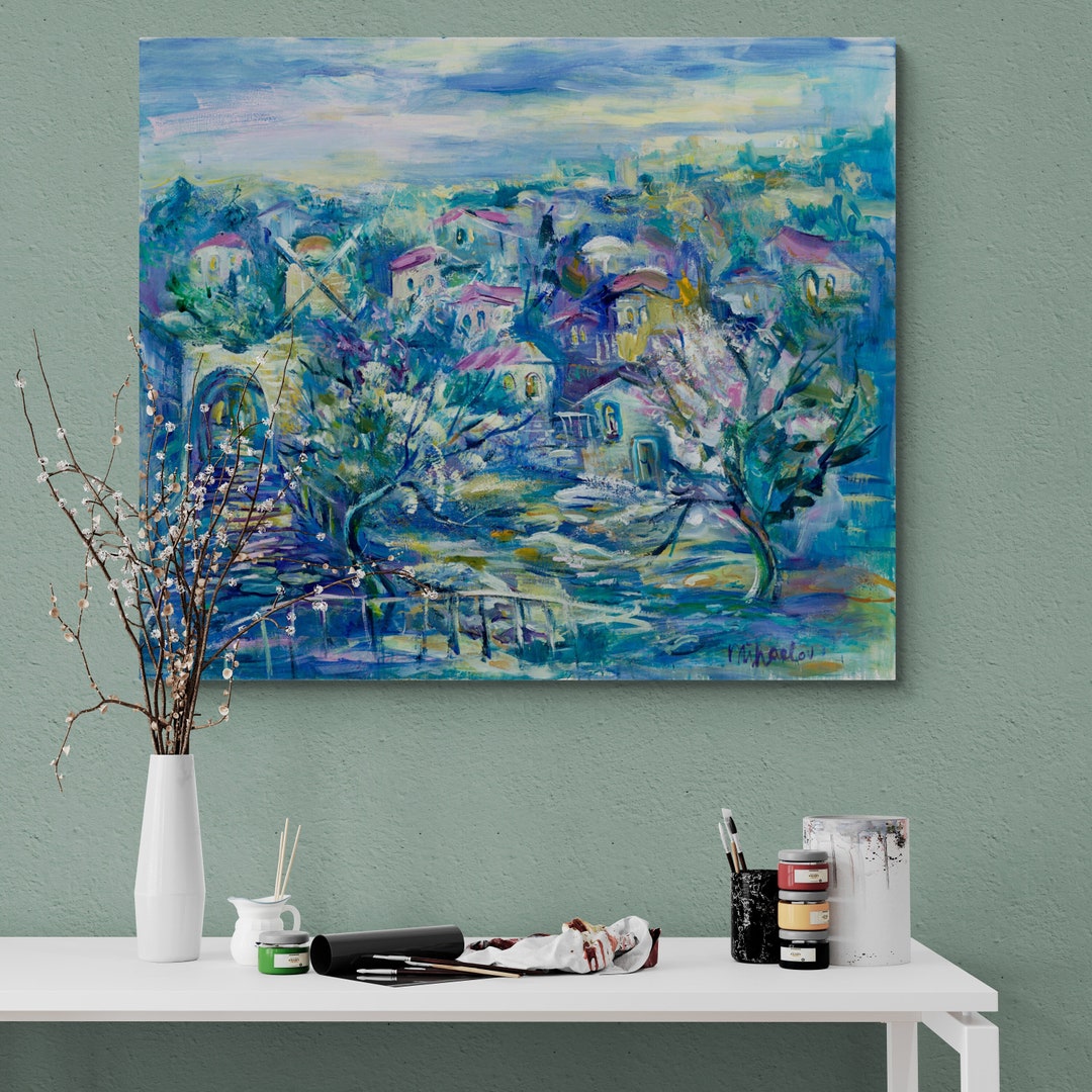 Modern Blue Jerusalem Abstract Painting - Yemin Moshe the Windmill ...