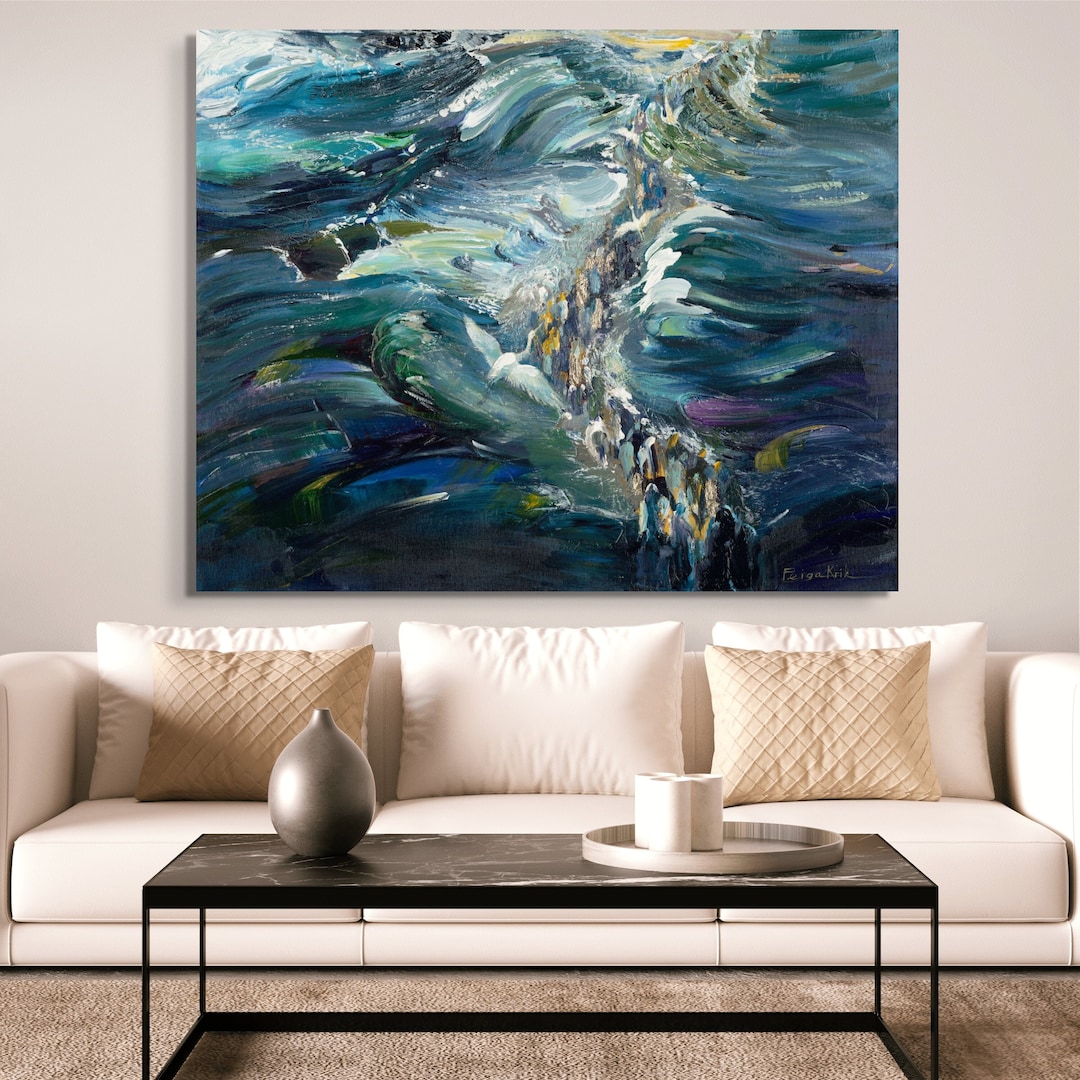 Exodus Painting, Modern Blue Splitting the Red Sea Painting, Jewish ...